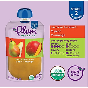 Plum Organics Stage 2 Organic Baby Food - Pear and Mango - 4 oz Pouch (Pack of 12) - Organic Fruit and Vegetable Baby Food Pouch