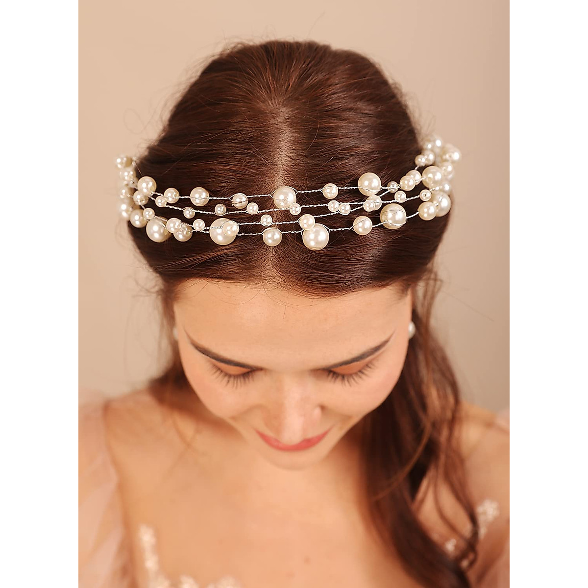 Kercisbeauty Pearl Layer Headband for Women Wedding Bridal Hair Tiara Handmade Headpiece for Wedding Prom Special Occasion Photo Shoot (Silver)