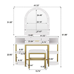 Semiocthome White Vanity Mirror with Lights and Table Set with Drawers, 9 LED Lights Makeup Vanity Desk with Stool, Girls Vanity Table with 6 Shelves, Gold Metal Frame Dressing Table with Chair