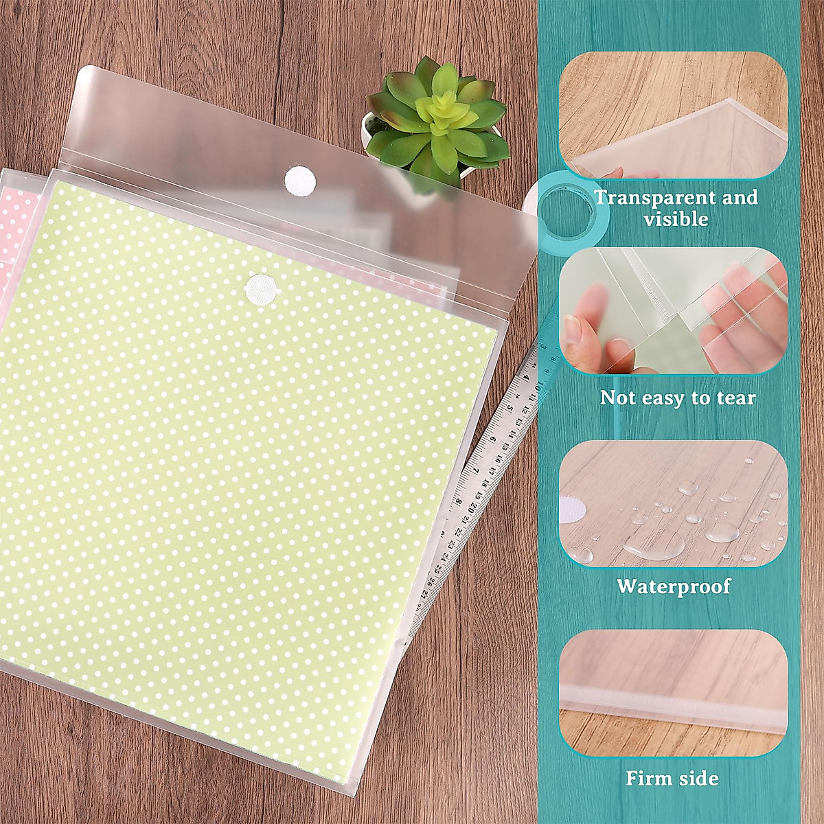 Caydo 40 Pieces Scrapbook Paper Organizer with Hook and Loop Closure, Clear 12x12 Paper Storage Organizer with 60 Pieces Adhesive Stickers for Holding Scrapbook Paper, Vinyl Paper, Files