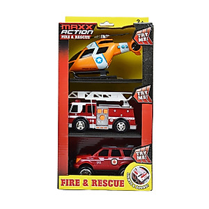 Sunny Days Entertainment Maxx Action Mini Rescue Vehicles 3 Pack | Rubber Tires | Lights & Sounds | 8 Assorted Styles | Helicopter - Fire Truck - Ambulance | Color & Style May Vary