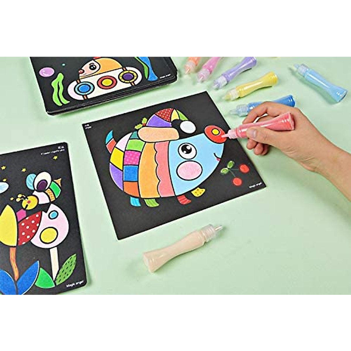 Mistari Peel and Sand Art Kits Sheets for Kids with 27 Sheets Sand Art Painting Cards and 2 Pcs Scratch Sticks Crafts (18 Colors+27 Sheets)