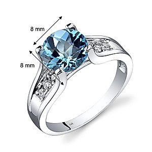 PEORA Swiss Blue Topaz and Diamond Cathedral Ring for Women 14K White Gold, Natural Gemstone Birthstone, 2.25 Carats Round Shape, 8mm, Size 5