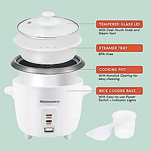 Elite Gourmet ERC-006NST Maxi-Matic Electric Rice Cooker with Non-Stick Inner Pot Makes Soups, Stews, Grains, Cereals, Keep Warm Feature, 6 Cups Cooked (3 Cups Uncooked), White