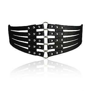 Fashion Women's PU Leather Wide Waist Belt Hollow Out Rivets Stretch Cinch Waistband, Black, Small(27''-29'')