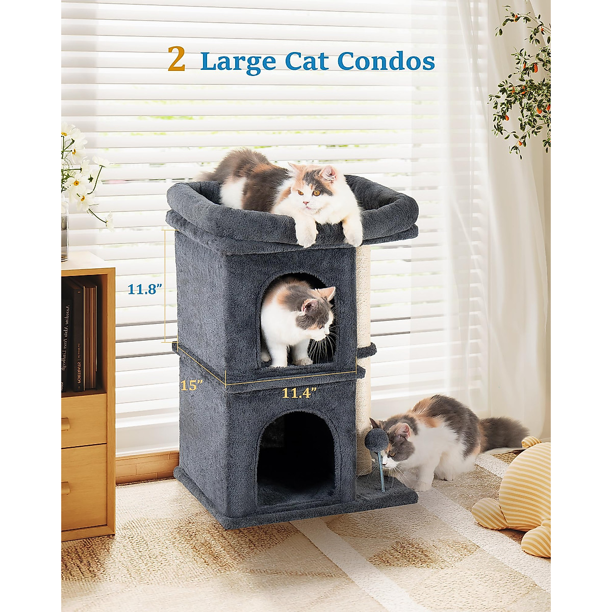 Aechonow Cat Tree for Large Cat, 19 * 16.5In Large Cat Perch, Adult Cat Tower for Indoor Cats with 24In Long Scratching Post, 2 Cozy Cat Condo House for Adult & Fat Cats, Dark Gray