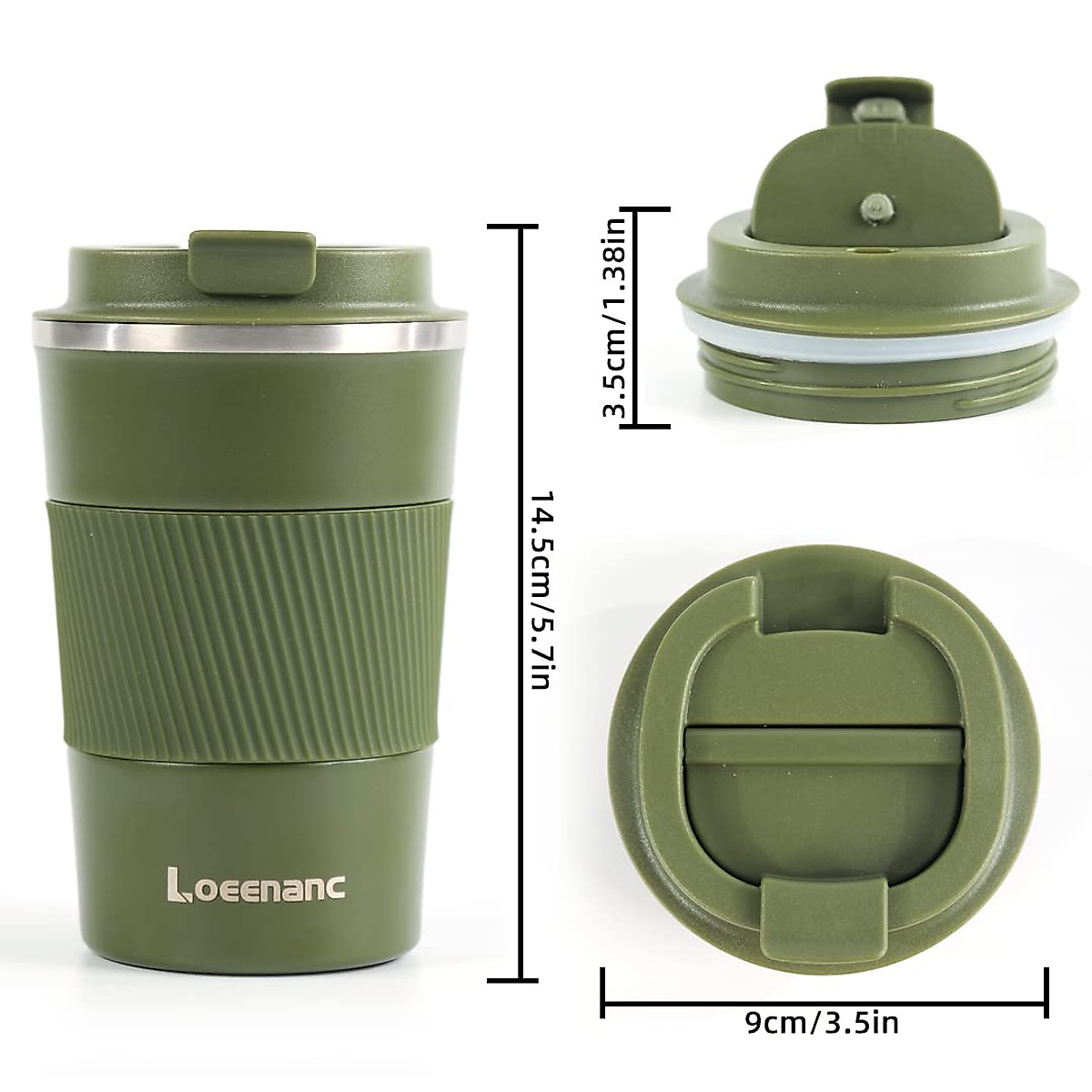 LOEENANC 12oz Travel Mug, Insulated Coffee Cup, Leak Proof, Anti-skid, Thermal Insulation For Over 8 Hours, Easy To Clean, Reusable Stainless Steel Double Deck Coffee Cup。