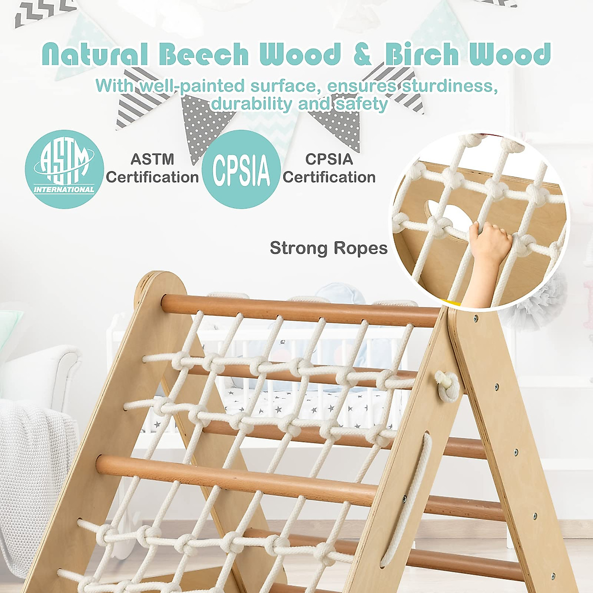 HONEY JOY 4-in-1 Triangle Climber with Ramp, 3-Side Kids Climbing Triangle Ladder with Net Rope & Bars, Wooden Montessori Climbing Toys for Toddlers Daycare, Gym & Playground, Gift for Boys Girls