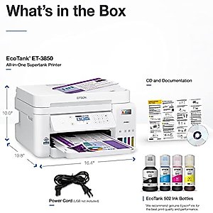 Epson EcoTank ET-3850 Supertank All-in-One Wireless Color Inkjet Printer - Print Scan Copy - 2.4" LCD, 15.5 ppm, 4800 x 1200 dpi, 30-Sheet ADF, Auto 2-Sided Printing, Voice Activated, Ethernet