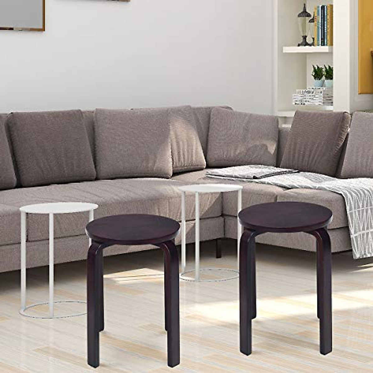 COSTWAY Stackable Bentwood Stools Set of 4, 18-Inch Height Backless Counter Chairs with Round Top, Anti-Slip Felt Pad, Portable School Stool for Dining Room, Kitchen, Classroom, Dark Coffee