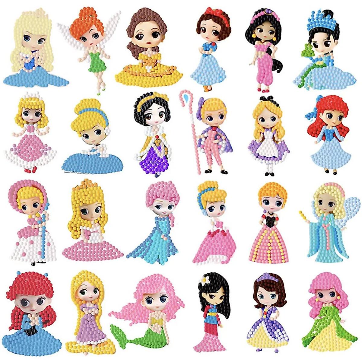 FLYSONG 5D DIY Diamond Art Stickers Kits for Kids, 24 PCS Cute Cartoon Princess Diamond Art Painting Stickers Beads Gem Making for Beginners Children