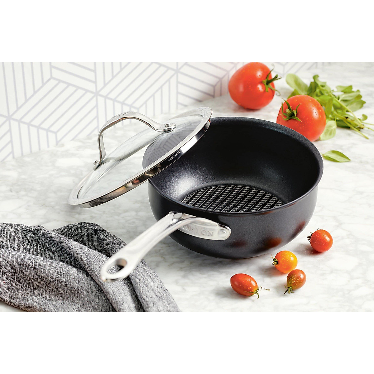 Anolon X SearTech Aluminum Nonstick Cookware Saucier with Lid, 2.5 Quart, Super Dark Gray