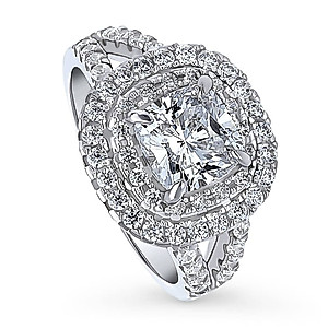 BERRICLE Sterling Silver Halo Wedding Engagement Rings Cushion Cut Cubic Zirconia CZ Statement Cocktail Split Shank Ring for Women, Rhodium Plated Size 6