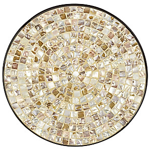 Teal Island Designs Mother of Pearl Modern Black Metal Round Outdoor Accent Side Table 14" Wide Natural Mosaic Tile Tabletop Gracefully Curved Legs for Spaces Porch Patio Home House Balcony Deck