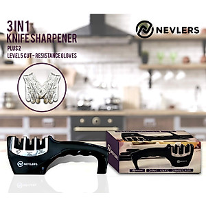 Nevlers 3 in 1 Kitchen Knife Sharpener with Cut Resistant Gloves | Knife Sharpeners for Kitchen Knives Preps, Repairs, Sharpens | Blade Sharpener with Diamond, Ceramic & Tungsten Steel Slots (Black)