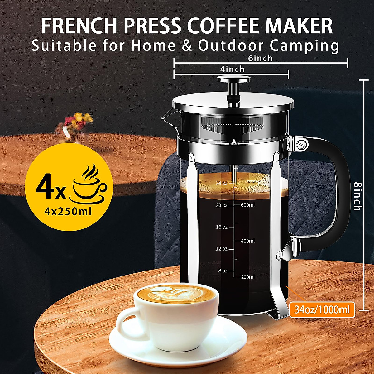 YMMIND French Press Coffee Maker 304 Stainless Steel Coffee Press,with 4 Filters System, Heat Resistant Thickness Borosilicate French Press Glass, BPA-Free Brewed Tea Pot Coffee Plunger