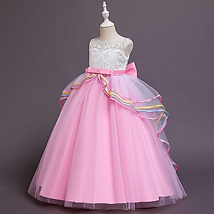 NEWEPIE Girls Unicorn Costume Bowknot Princess Birthday Tulle Lace Dress Christmas Party Carnival Halloween Outfit w/Headband Pink 8-9T