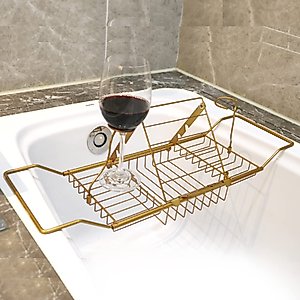 PLKO Bathtub Tray,Stainless Steel Shower Bathtub Caddy Tray with Removable Book Holder Red Wine Rack Holder, for Home Kitchen Bathroom,Gold