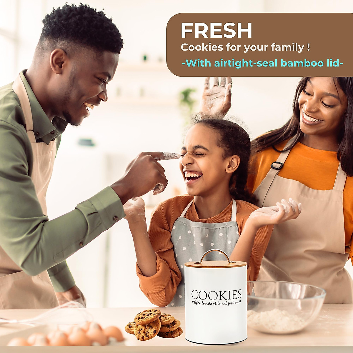 D'Lifeful Farmhouse Cookie Jars for Kitchen Counter with Airtight Seal Bamboo Lid - Decorative Tin Cookie Jar with Lids - Storage Container for Cookies and Baking Supplies