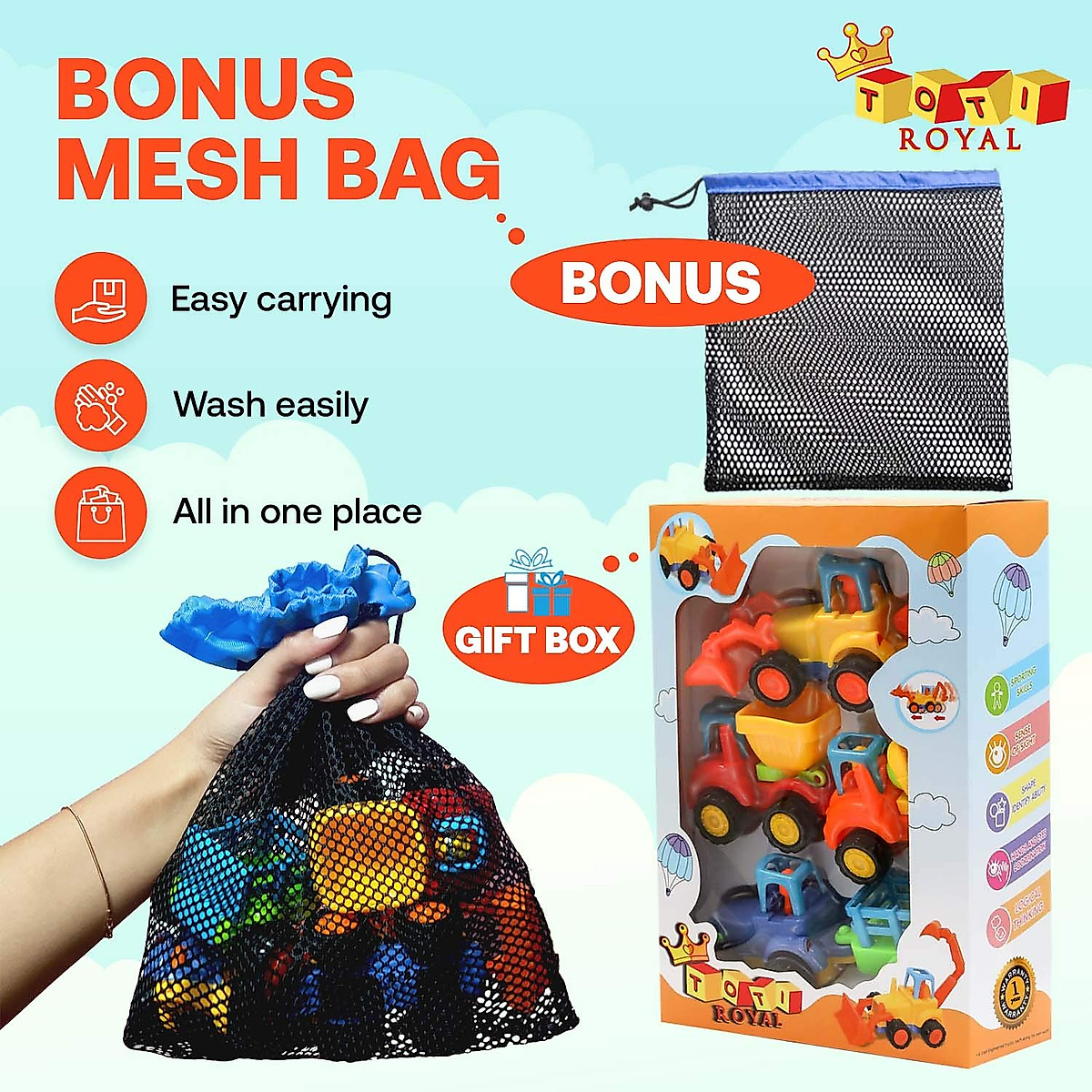 friction Powered Cars Push and Go Construction Vehicles Toy Set of 4 Cartoon Bulldozer, Tractor, Cement Mixer, Dump Truck - w/Bonus Mesh Bag Toddler/Baby-Friendly for Boys and Girls Ages 1-5 Kids Gift