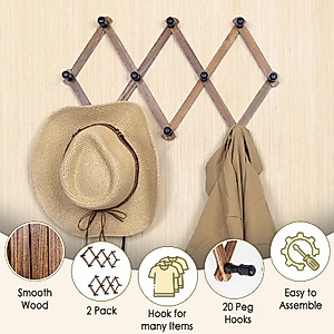 Wooden Expandable Accordion Wall Hanger,2 Pack Including 20 Peg Hooks,Perfectly Hook for Coats, Mugs,Coffee, Coat,Keys, Hat Rack,X Shap,Make Living Room Decorative and Neat,Rustic Style (Brown)