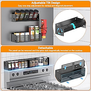 CLESOO Magnetic Spice Rack for Refrigerator, 2 Pack Moveable Magnet Organizer for Spice Jars and Seasonings, Wall Mounted Fridge Shelves with Spiral Holder and 4 Hooks for Kitchen and Stove