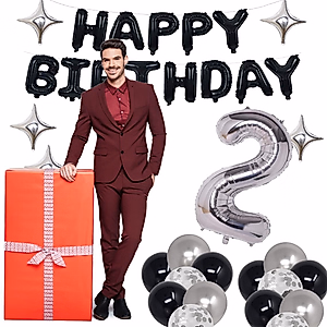 NANINUNENO 14th Black Silver Birthday Party Decorations for Boys Girls, Happy 14 Birthday Party Supplies with Black Happy Birthday Banner, Silver Foil Stars, Happy Birthday Balloons for 14th Birthday