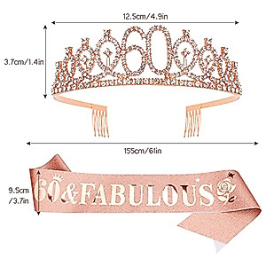 Casoty 60th Birthday Sash and Tiara for Women, 60th Birthday Decorations Women, Rose Gold 60th Crown and "60 & Fabulous" Sash Set, 60 Birthday Decorations for Women, 60th Birthday Gifts for Women