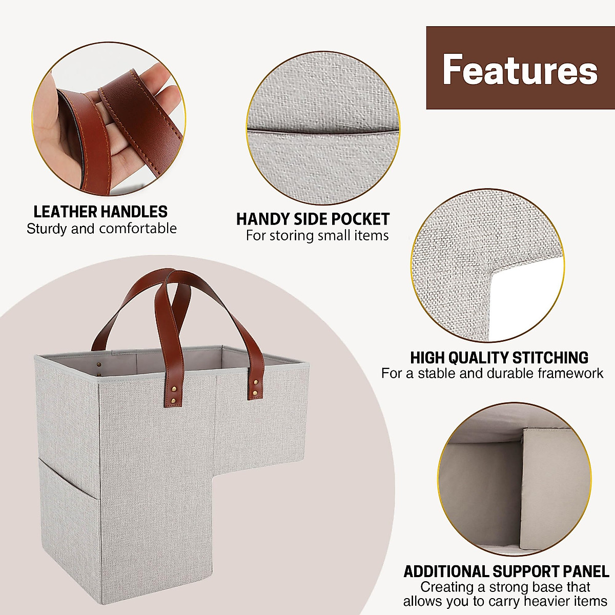 SAM AND MABEL Stair Baskets for Carpeted and Wooden Stairs - 16” L x 9.5” W x 16” H Foldable Staircase Basket with Handles, Stair Step Storage Organizer for Home Office Decor (Grayish Beige)