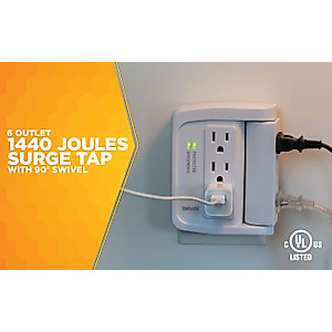 Woods 41423 Space-Saving Power Adapter Surge Protector with 6 Outlets in Which 90° for 1440J of Protection, White