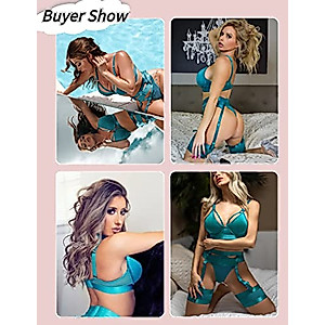 Avidlove Garter Set Lingerie for Women High Waisted Underwire Bra and Panty Sets Sexy Push Up Boudoir Outfits(Blue,XL)