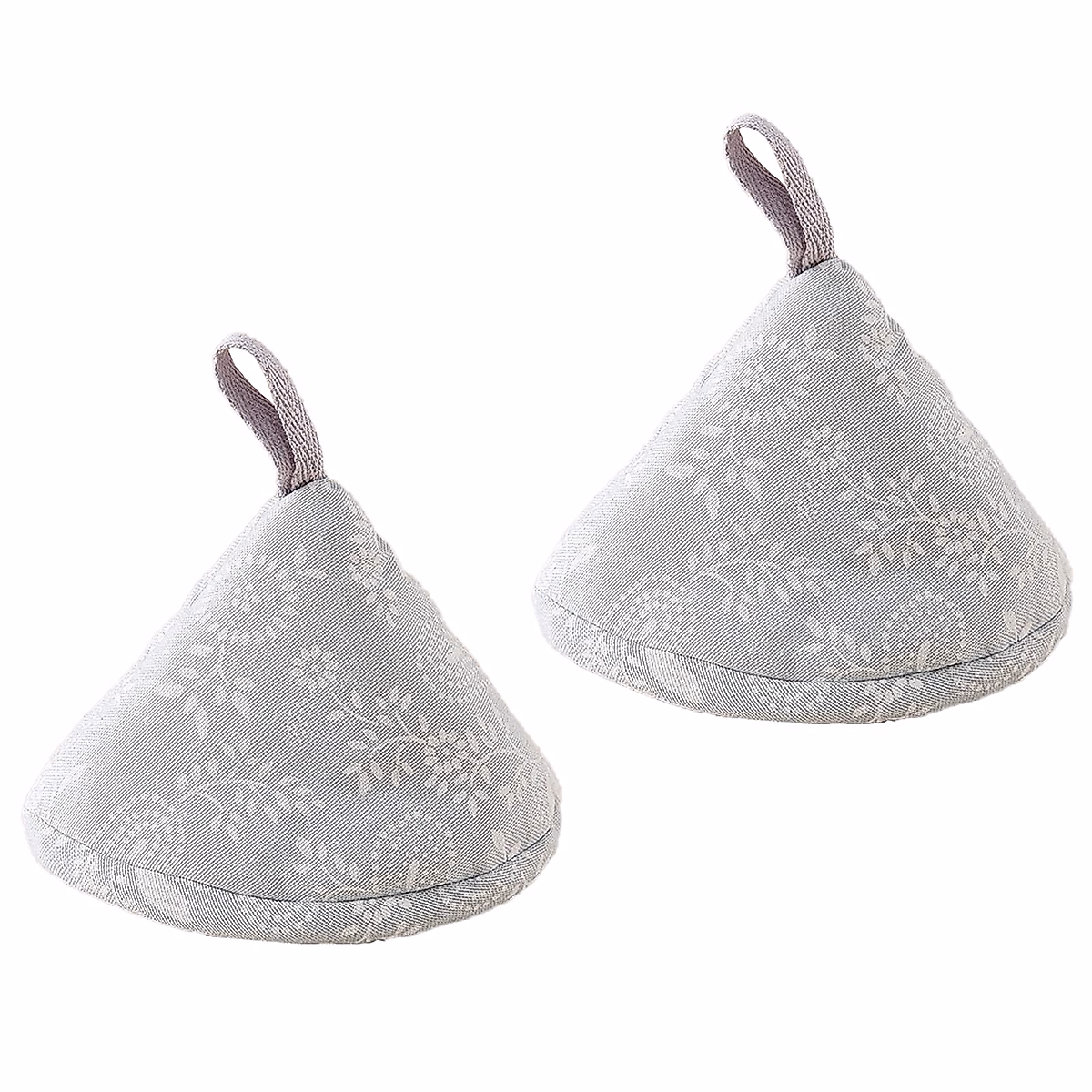 2Pcs Cotton Pot Handle Holder, Heat Resistant Cloth Pot Clip Covers Cooking Gloves Oven Mitt Mini Triangle Insulation Non-Slip Pot Lid Hats for Kitchen Cooking Baking Grilling (Flower-Light Grey)