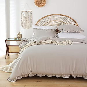 JANZAA Vintage Bedding Set Soft Shabby Chic Fluffy All Season Queen Oatmeal Comforter Set 3PCS(1 Ruffled Comforter Set and 2 Pillowcases)