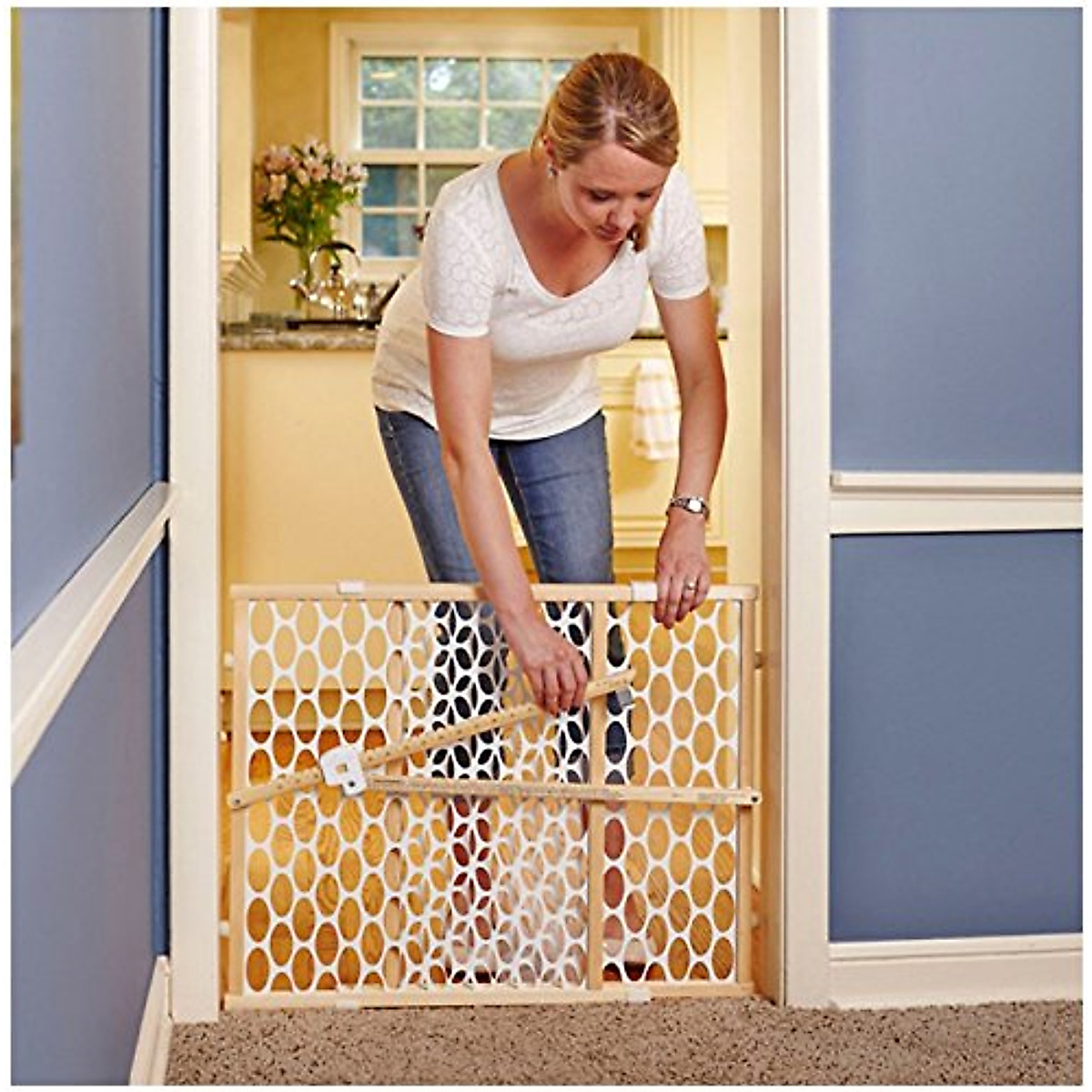 Toddleroo by North States 42" wide Quick Fit Oval Mesh Baby Gate, Made in USA: Easy installation, memory feature. Pressure mount. Fits 26.5"- 42" wide (23"Tall, Sustainable Hardwood & White Oval Mesh)