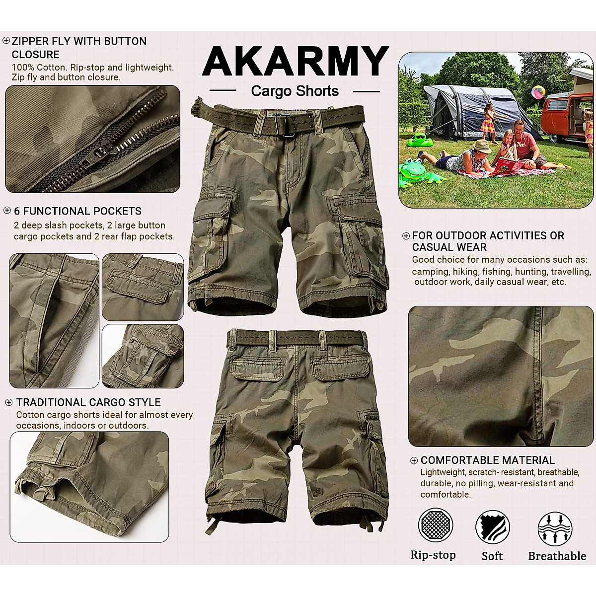 AKARMY Men's Camo Cargo Shorts Outdoor Multi-Pocket Cotton Casual Shorts with No Belt 8062 C34 Retro Camo Thin 40