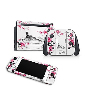 ZOOMHITSKINS Compatible with Switch Skin Anime Cover Japanese Asian Temple Cherry Blossom Flower Nature Pink Samurai 3M Vinyl Decal Sticker Wrap, Made in The USA