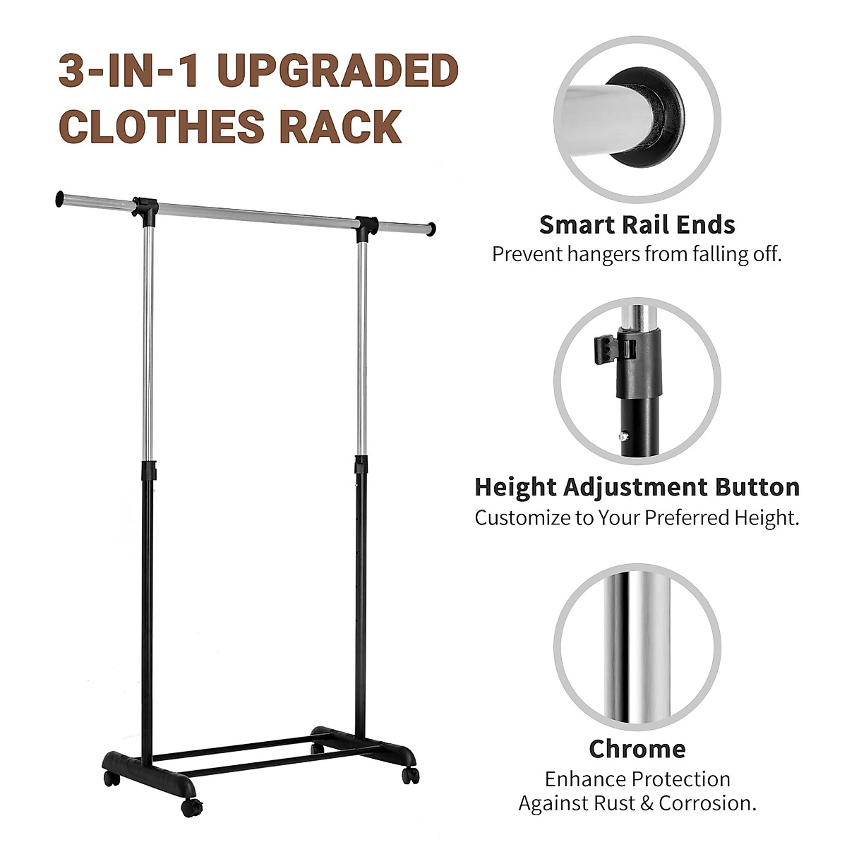 ikloo Clothing Rack with Wheels for Hanging Clothes | Extendable and Adjustable Garment Racks | Freestanding Rolling Closet Laundry Racks for Drying | Portable Clothes Organizer with Shelves | Chrome