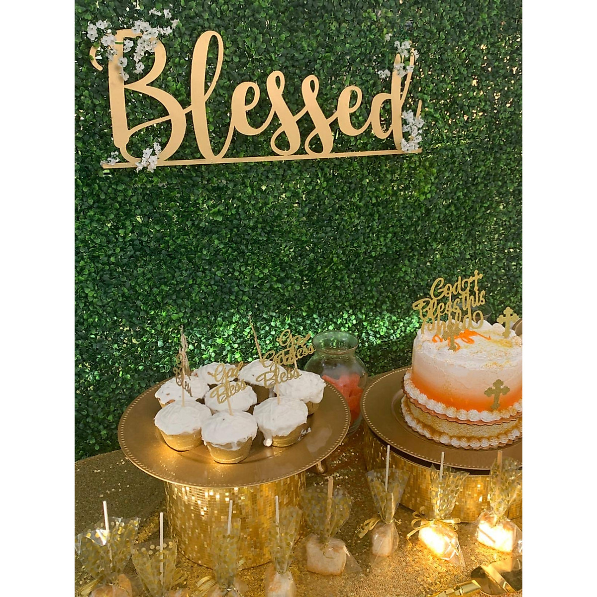 JeVenis 25 PCS Glittery Gold Bless this Child Cake Topper Baptism Cupcake Toppers Cross Cupcake Topper Baptism Cake Topper Cross Cake Decoration Baptism Party Decorations