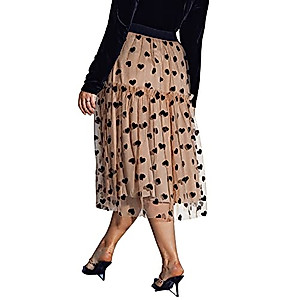 Floerns Women's Plus Size Heart Printed Contrast Mesh Frill Trim Flared Midi Skirt Apricot 2XL
