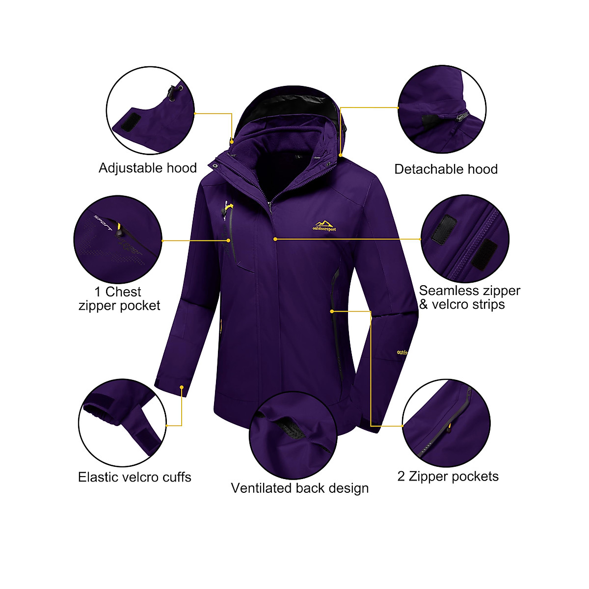 MAGCOMSEN Winter Coats for Women Winter Jacket Women Snowboard Jacket 3 In 1 Jacket Waterproof Insulated Skiing Jacket Dark Purple M