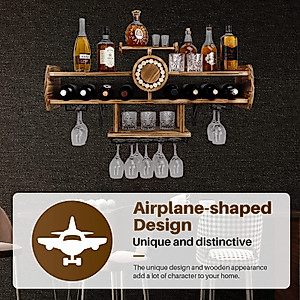 Homde Wine Rack Wall Mounted Wood,Wine Shelf with Bottle Stemware Glass Holder Rustic, Airplane Shape Multi Functional Wine Display Storage Rack for Home Bar (Light Brown)