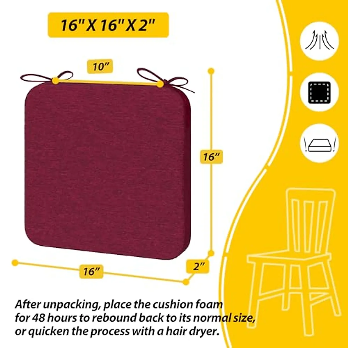 AAAAAcessories Square Chair Cushions with Ties and Removable Cover, 2" Thick Kitchen Chair Pads, Indoor Dining Room Chair Cushions, 16" x 16", 6 Pack, Wine Red