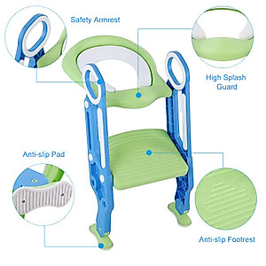 Potty Training Seat with Step Stool Ladder, Toddler Toilet Training Seat Chair Foldable Toilet Potty Trainer with Soft Cushion and Anti-slip Pad for Kids Child Baby Boys Girls (Blue Green)