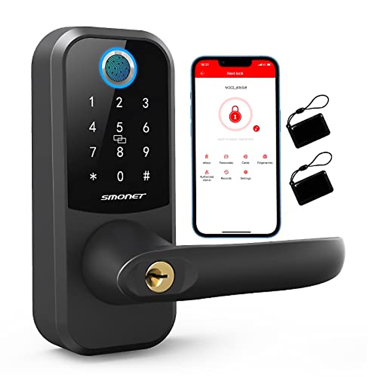 Smart Lock,SMONET Fingerprint Door Lock with Keypad,Keyless Entry Door Lock with Handle,Wireless Electronic Bluetooth Digital Auto Door Lock with Free APP Key Fob Passcode,Smart Locks for Front Door