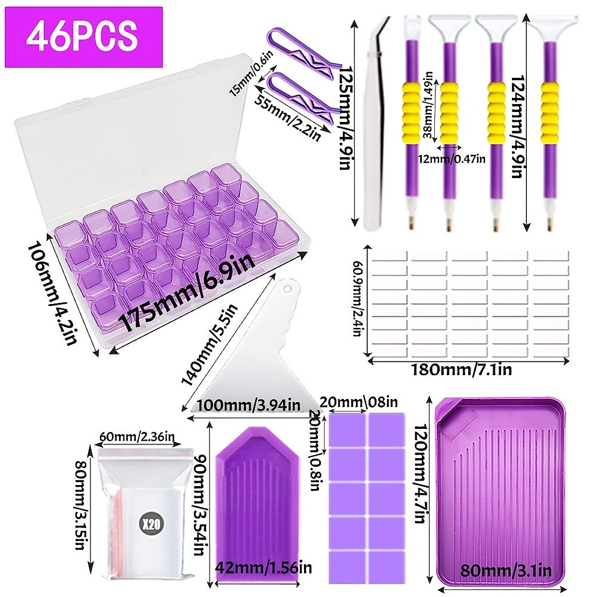 KTCLCATF 46PCS DIY Diamond Painting Tools and Accessories Kits Multiple Sizes Painting Pens for Adults to Make Diamond Art Craft Tweezers Glue Diamond Correction 28 Girds Storage Box