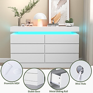 Gyfimoie 6 Drawer Dresser with Power Outlet, White Dresser with LED Light, Modern Chest of Drawers for Closet, Double Wide Drawer Organizer Cabinet for Bedroom, Living Room, Entryway, Hallway