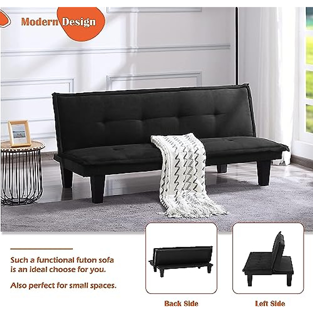 LCH Convertible Folding Sofa Bed, Futon Sofabed with 3 Adjustable Positions for Living Room, Home, 63.8” x29.9”x 28.3”, Black