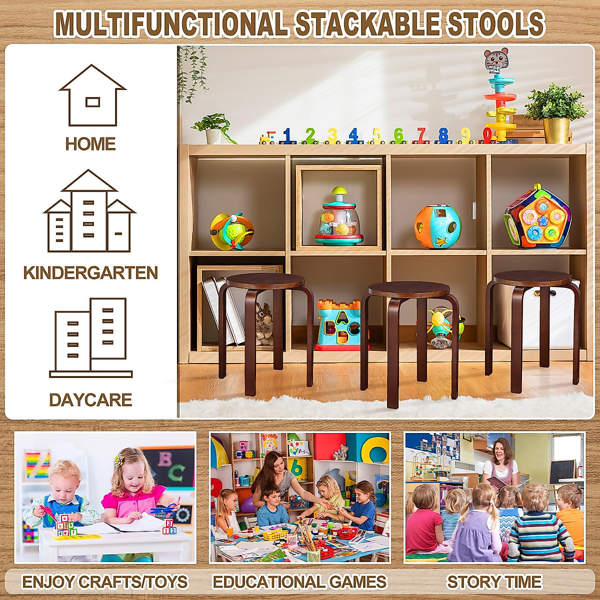 FairySandy 4 Pcs Bentwood Stool Bentwood Stackable Stools Wood Stools Stackable Stool Chairs Bentwood Seat for Dinning, Kitchen, Home, Garden, Living Classroom