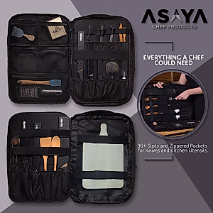 Asaya Chef Knife Backpack with 20 Pocket Knife Roll Bag - Over 30 Pockets for Knives and Kitchen Utensils - Stain Resistant Waxed Nylon - Padded for Extra Protection - Knives Not Included