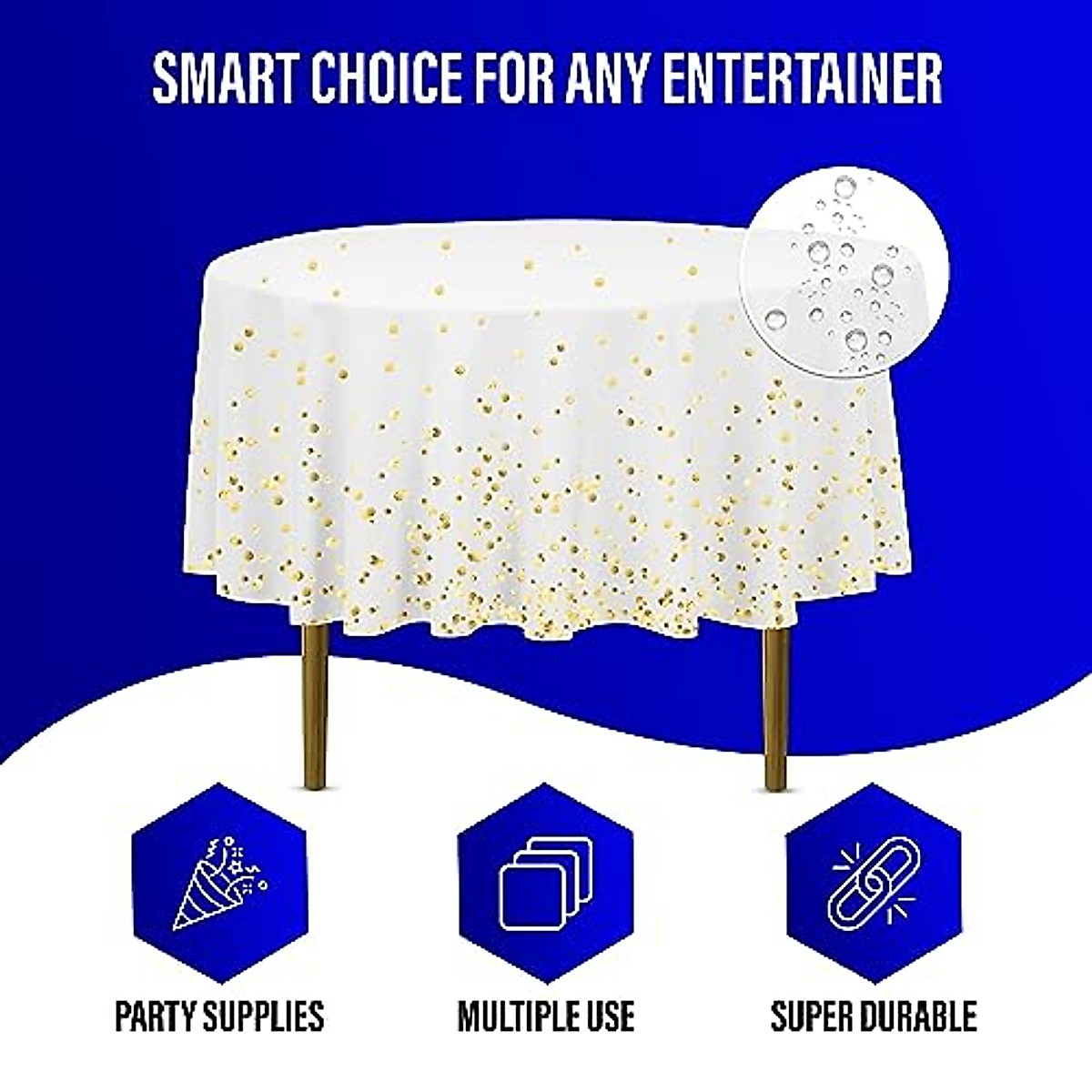 NORZEE 12-Pack White Disposable Plastic Tablecloths, 84" Plastic Table Cloth, Round Table Cover Gold CONFETY (12, White Gold)